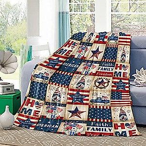 Patriotic Gnome Blanket USA Flag Throw Blankets Retro Plaid Soft Flannel Fleece Comfort Blanket, Check American Theme 4th of July Cozy Warm Bed Cover for Sofa Couch Chair 40x50In