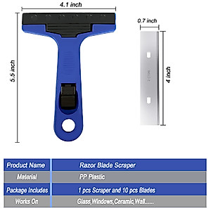 Razor Blade Scraper, 4" Scraper Tool with 10 Extra Replacement Metal Blades, Razor Scraper Remover for Cleaning Paint, Caulk, Adhesive, Label, Decal, Sticker from Window, Glass, Tile, Floor, Stove Top
