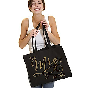 Honeymoon Gift for Bride - The Mrs. EST 2023 Black Gold Rhinestud Canvas Tote Bag - Gift for the Bride, Bridal Shower Tote(Mod 2023 GLD) BLK
