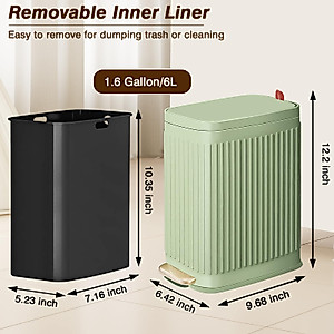 Slim Trash Can for Bathroom with Air Freshener Soft Close Lid, 6 Liter/ 1.6 Gallon Stainless Steel Garbage Can with Removable Inner Bucket,Step Pedal, Small Wastebasket for Bedroom, Kitchen (Green)