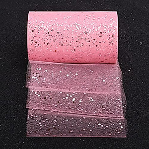 Glitter Tulle Rolls, 6” by 50 Yards (150FT) Sparkling Tulle Spool Ribbon Sequin Tulle Netting Fabric for Tutu Skirt Wedding Birthday Baby Shower (Pink)
