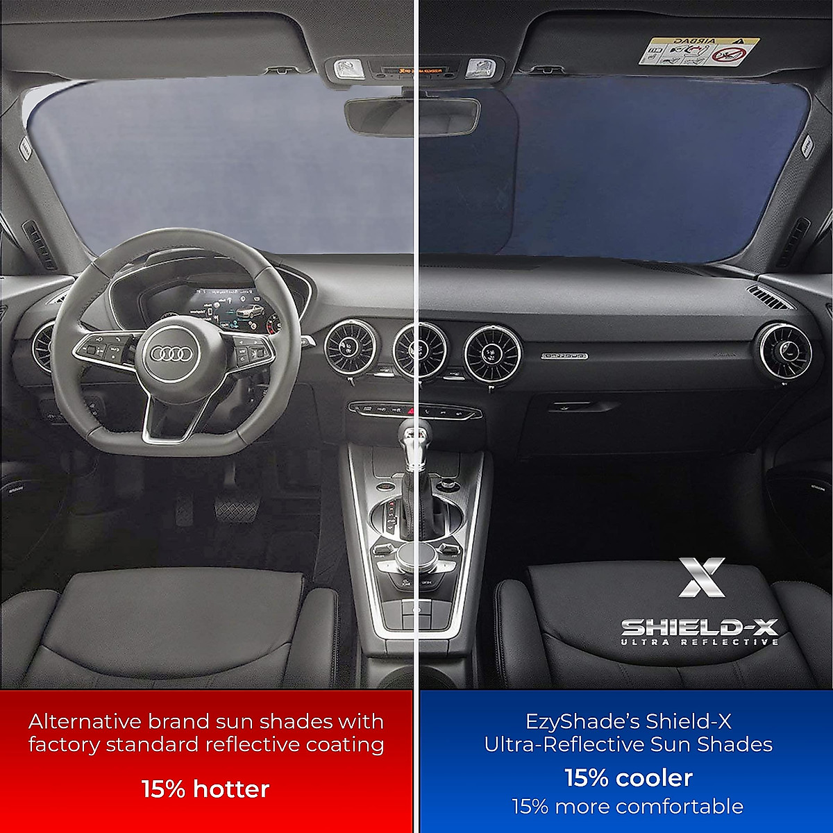 EzyShade Windshield Sun Shade with Shield-X Reflective Technology. See Vehicle Size-Chart. Foldable Car Sunshade for Front Windshield Window Car SUV Van Truck. Sun Visor Heat Shield. Max (L) Size