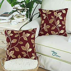 CaliTime Throw Pillow Covers Pack of 2 Cute Growing Leaves Cushion Cases Shells for Couch Sofa Home Decoration 18 X 18 Inches Burgundy/Gold