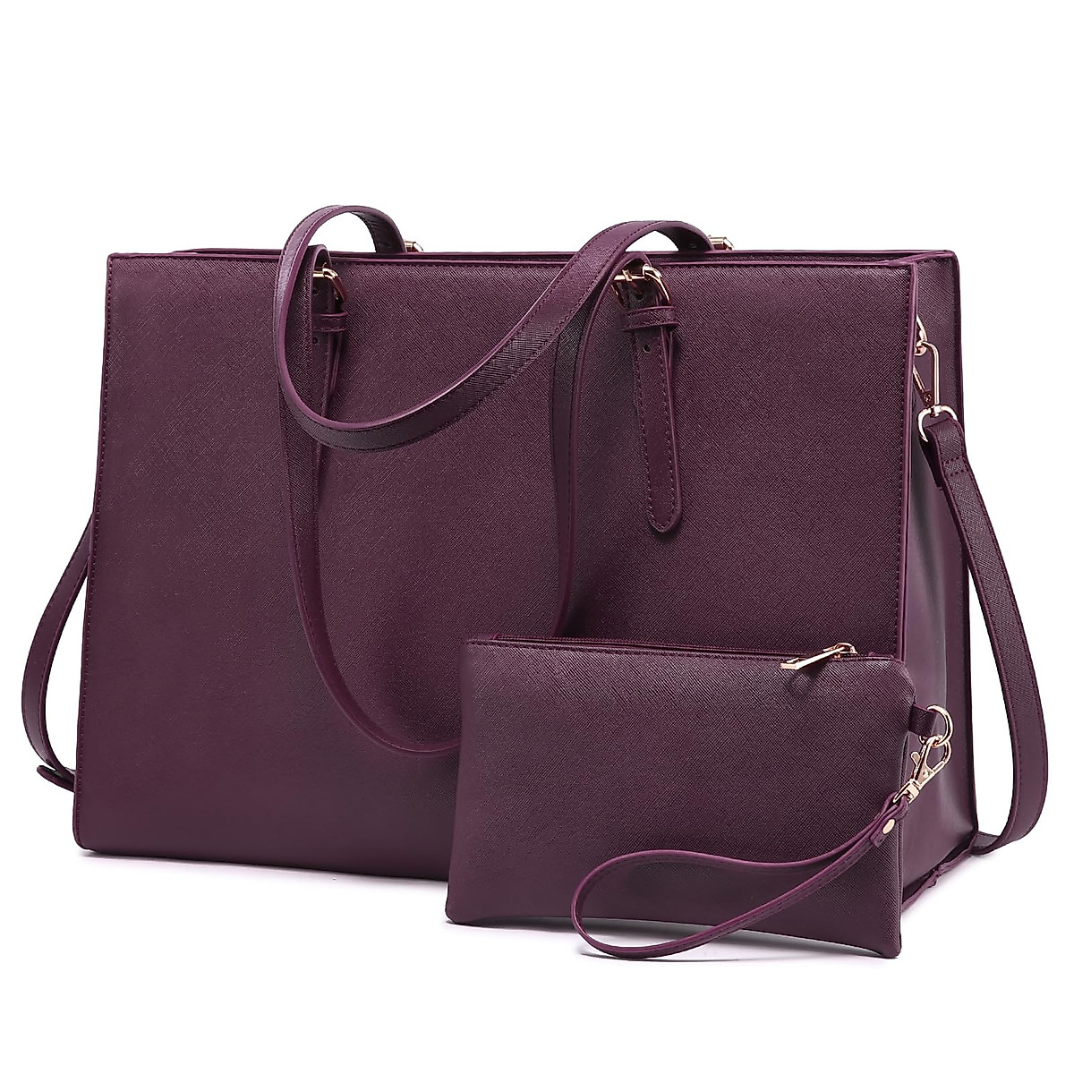 LOVEVOOK Laptop Bag for Women, Fashion Computer Tote Bag Large Capacity Handbag, Leather Shoulder Bag Purse Set, Professional Business Work Briefcase for Office Lady, 2PCs, 15.6-Inch, Deep Plum