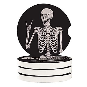 Funny Skeleton Cup Holders Car Coasters for Women/Men - 4 Pack Absorbent Ceramic Stone Drinks Automotive Cup Holders Coaster Set, Skull Skeleton Halloween Rock