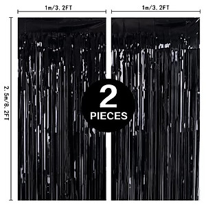 2 Pack 3.2ft x 8.2ft Black Tinsel Foil Fringe Curtains, Metallic Foil Tinsel Photo Booth Backdrop Streamer for New Years Decorations Halloween Bachelorette Birthday Holiday Celebration Party Supplies