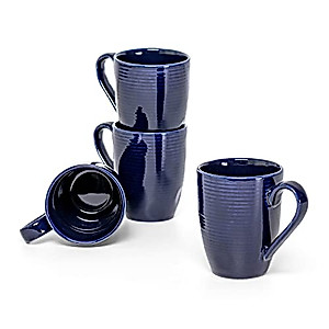 HENXFEN LEAD Coffee Mugs Set of 4-12 Oz Ceramic Coffee Cup with Large Handle for Tea, Milk, Latte and Cocoa, Christmas Mug Gift with Texture Design for Men & Women Microwave Safe, Dark Blue