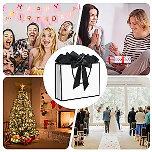 12 pcs White Gift Bags with Handles 12.5x4.5x10 Inches Large Paper Bags with Bow Ribbon and Tissue Paper Gift Wrap Bags for Birthday Bridesmaid Party Wedding Baby Shower Valentines, White-Black