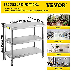 VEVOR Outdoor Food Prep Table, 36x18x34 inch Commercial Stainless Steel Table, 2 Adjustable Undershelf BBQ Prep Table, Heavy Duty Kitchen Work Table, for Garage, Home, Warehouse, and Kitchen Silver