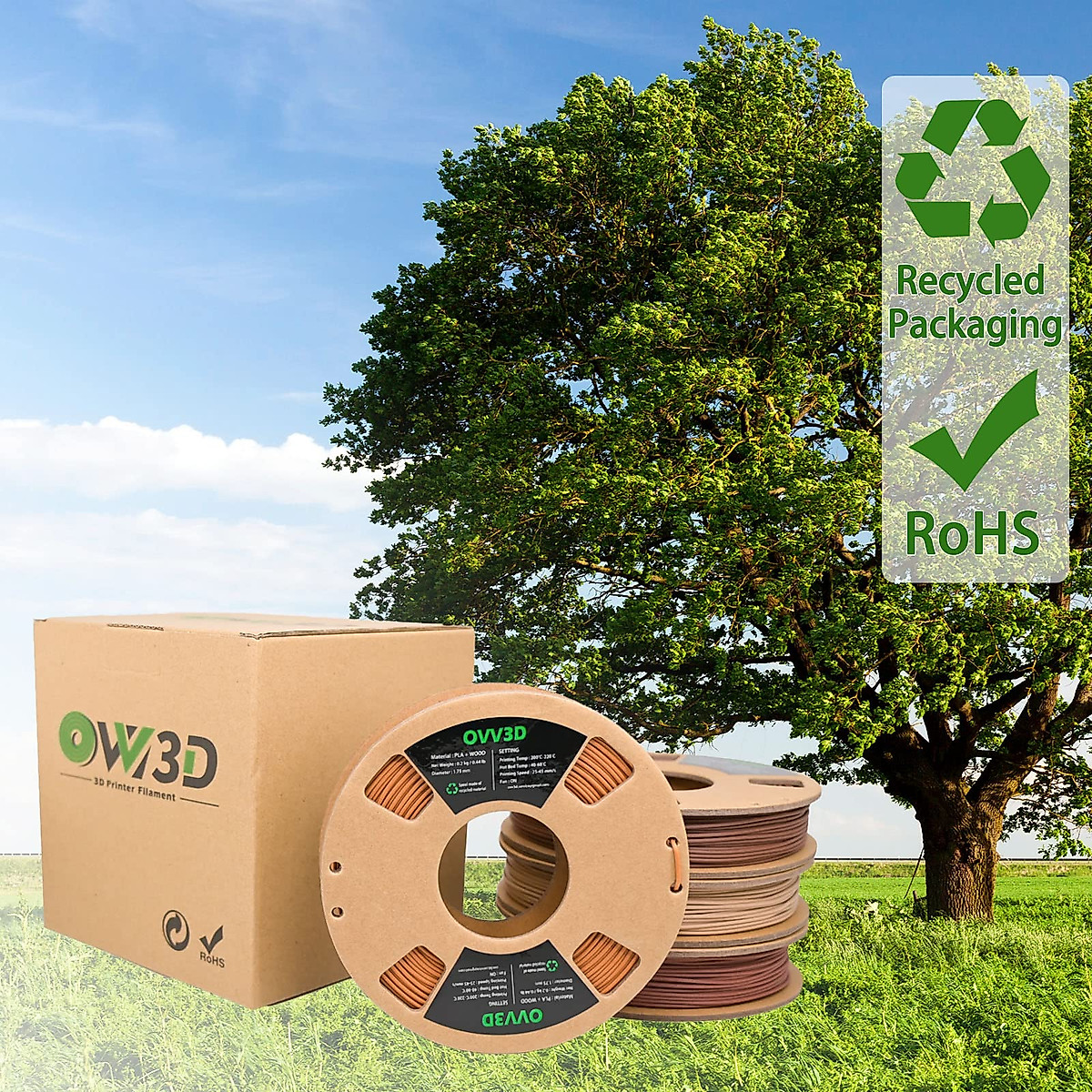OVV3D Wood 3D Printer Filament Bundle, Wood PLA Filament 1.75mm Bundle, Wood Filament More Than 30% Real Wood Fiber, Walnut, Oak, Cherry, Teak, 1.75 PLA Filament 3D Printing Filament, 200g X 4 Pack