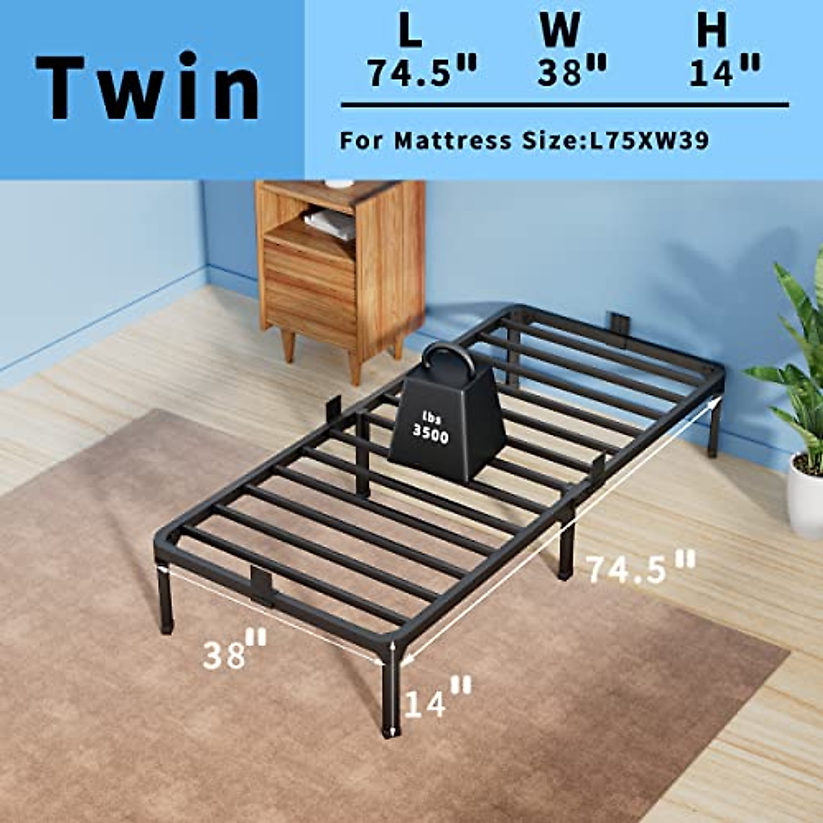 ROIL 14 Inch Twin Size Bed Frame with Mattress Slide Stopper - Single Black Basic Anti Squeak Steel Slats Metal Platform, Heavy Duty Noise Free Easy Assembly Bedframes, No Box Spring Needed