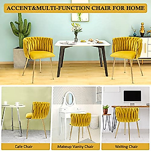 NIOIIKIT Modern Velvet Dining Chairs Set of 2 Hand Weaving Accent Chairs Living Room Chairs Upholstered Side Chair with Golden Metal Legs for Dining Room Kitchen Vanity Living Room (Mustard)