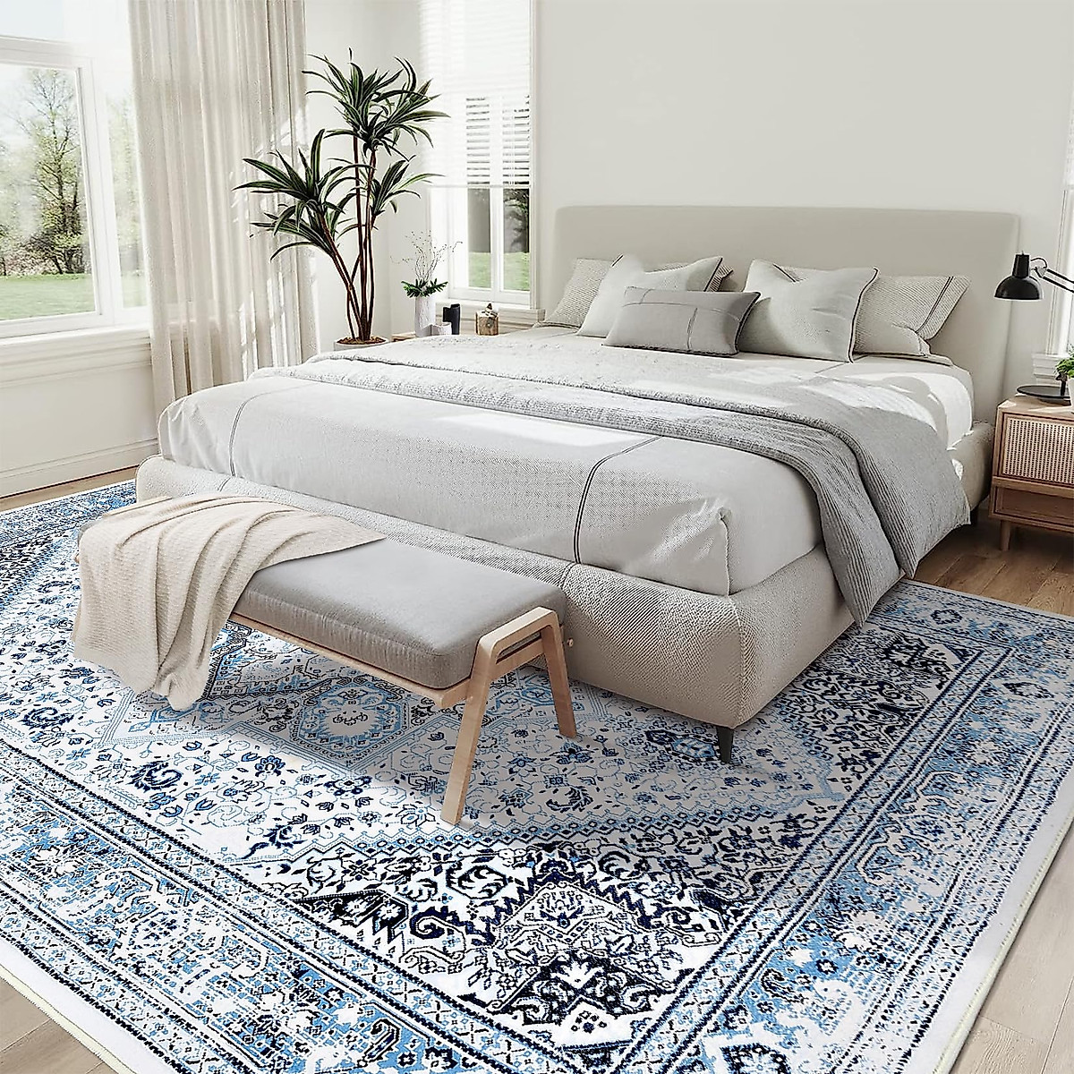 RUGSREAL Bohemian Floral Medallion Area Rug 5x7 Oriental Blue Large Bedroom Rug, Soft Non-Slip Washable Dining Room Mat Indoor Nursery Floor Carpet for Guest Room Entryway, 5x7 Blue