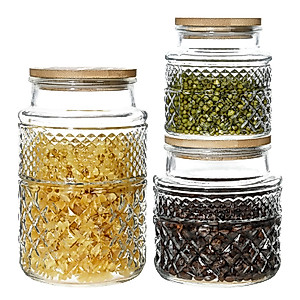 Glass Storage Jars, Kitchen Food Containers with Bamboo Lids, Airtight Embossed Mason Jar, Decorative Cereal Canisters for Candy Snack Cookies Coffee Tea Nuts Bean Countertop(Set of 3,20/40/60)