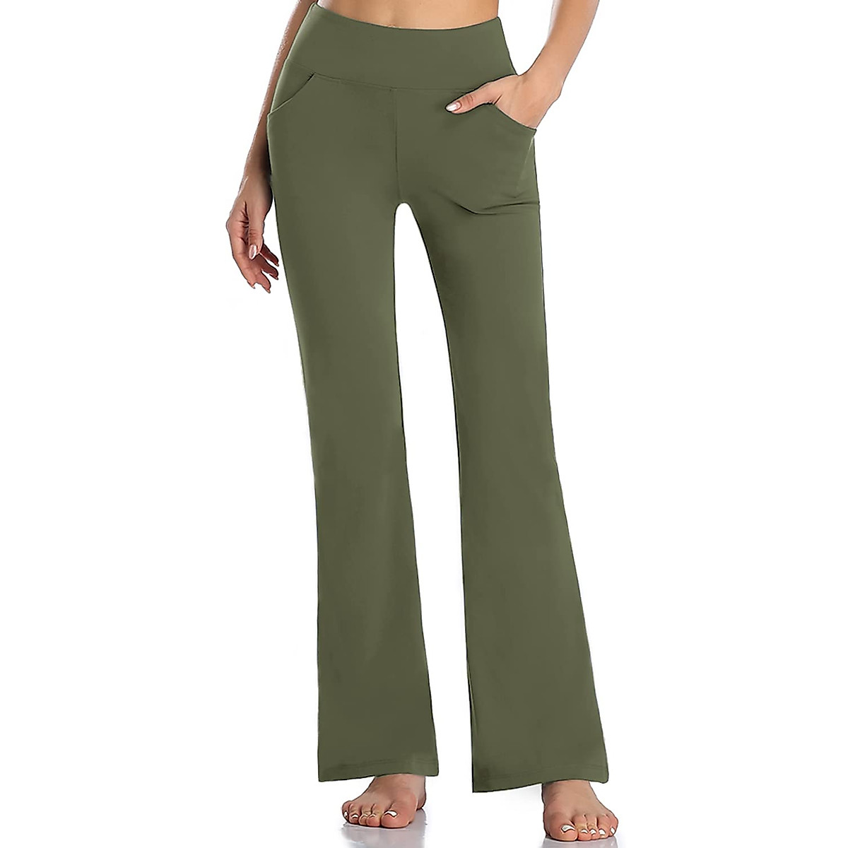 MOVE BEYOND Buttery Soft Women's Bootcut Yoga Pants with 4 Pockets Tummy Control Workout Bootleg Work Pants, Green, M