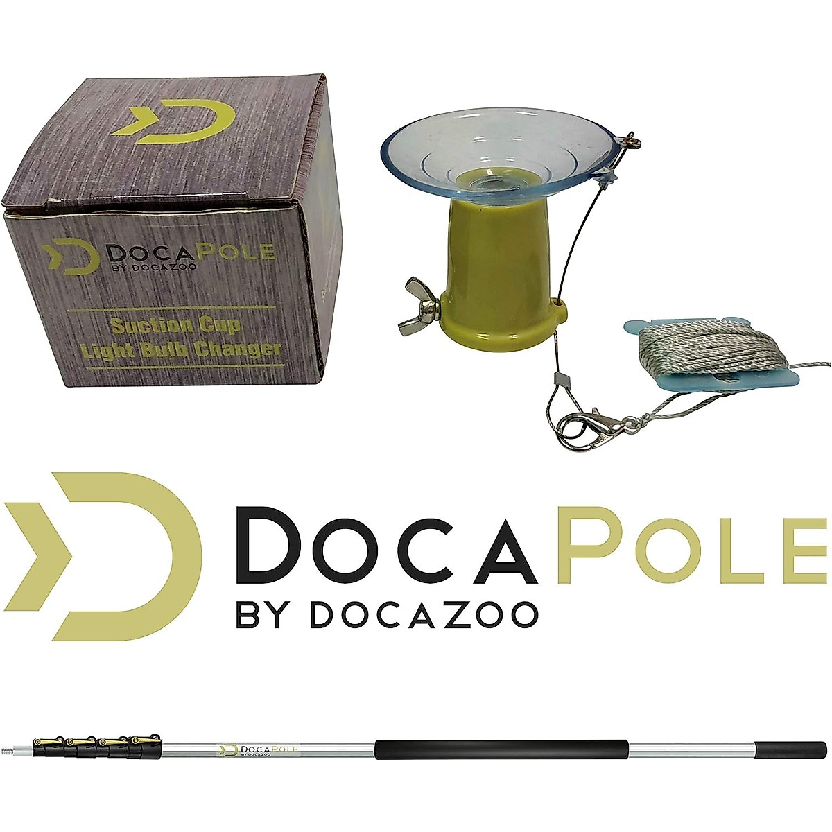 DOCAZOO, Light Bulb Changer for High Ceilings & Recessed Lights w/ 7-30 Foot Telescopic Extension Pole & Suction Cup Style - Ceiling Lightbulb Removal Tool - Perfect Accessory for Any Lighting Job