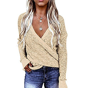 Dokotoo Womens Sweaters Winter Fall Cute Deep V Neck Wrap Chunky Cable Knit Short Fuzzy Pullover Crop Sweater Long Sleeve Jumper Tops Soft Comfy Apricot Large