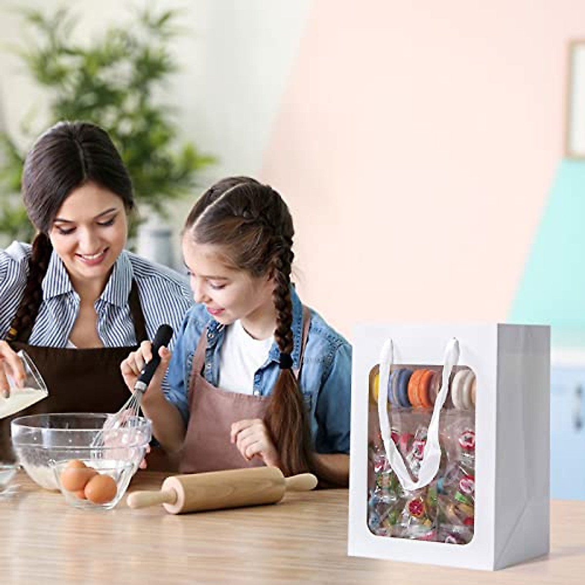 Sdootjewelry Gift Bag with Window, 10pcs White Paper Tote with Transparent Window, 9.8" x 5.1" x 7.0"Transparent Bouquet Gift Bags With Handle, Kraft Paper Gift Bags with Transparent Window