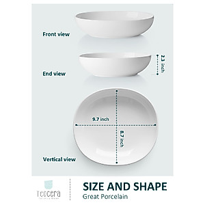 Teocera Pasta Bowls, Salad Bowls Set, Large Serving Bowls, 50 Ounce Porcelain White Bowls Set of 4 - Square Design, Microwave Dishwasher Safe