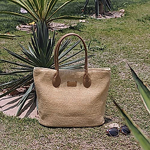 HOXIS Weekender Lightweight Synthetic Straw Shopper Tote Womens Shoulder Handbag (Brown)