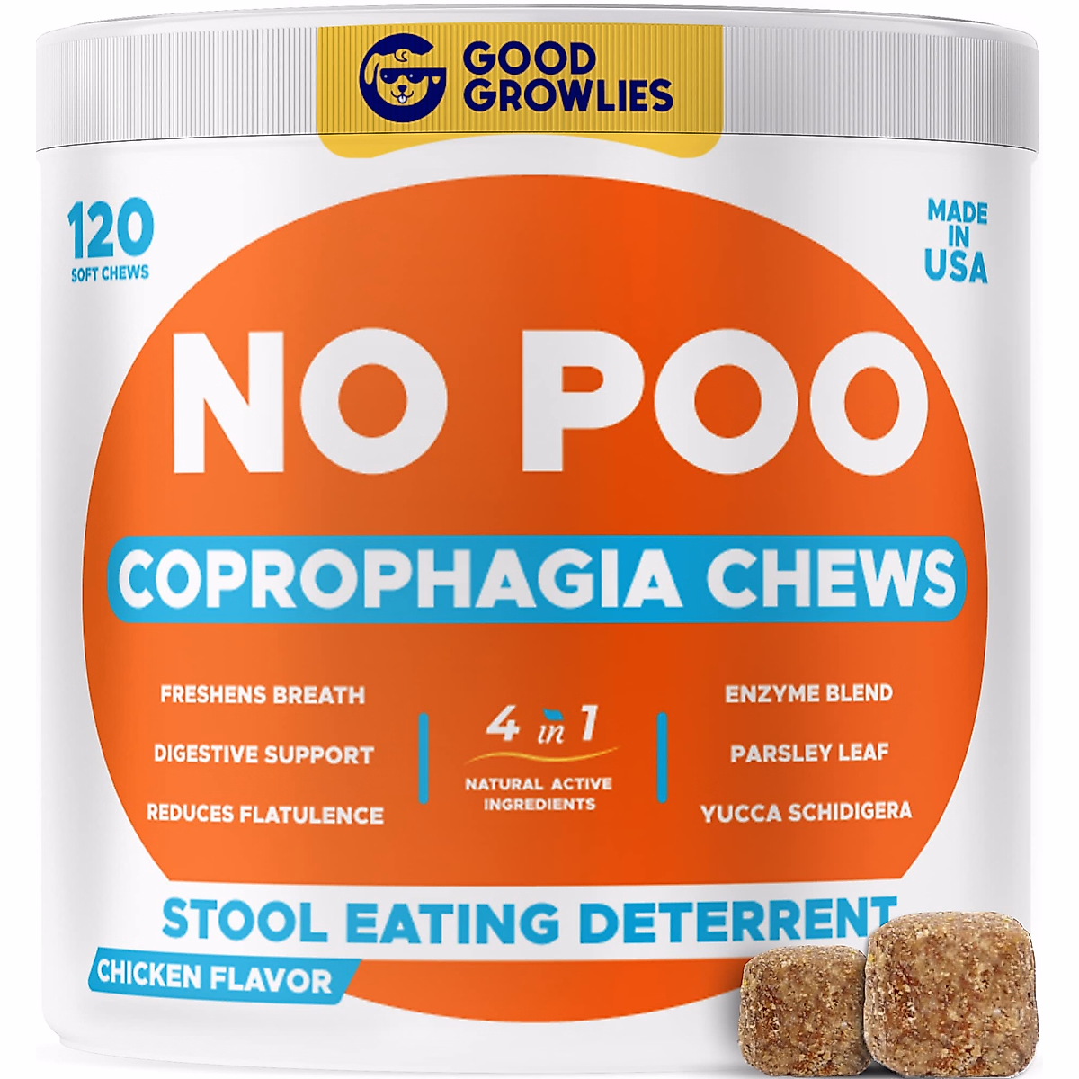 Chew No Poo - Coprophagia Treatment for Dogs - Prevent Dog Poop Eating - Natural Stool Eating Deterrent + Breath Aid - Probiotics & Digestive Enzymes - Boosts Gut Health - Made in USA - 120 Soft Chews