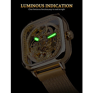 FORSINING Fashion Automatic Mechanical Wrist Watch Golden for Mens Waterproof Watches with Stainless Steel Skeleton Transparent Dial with Royal Flower Movement Carving