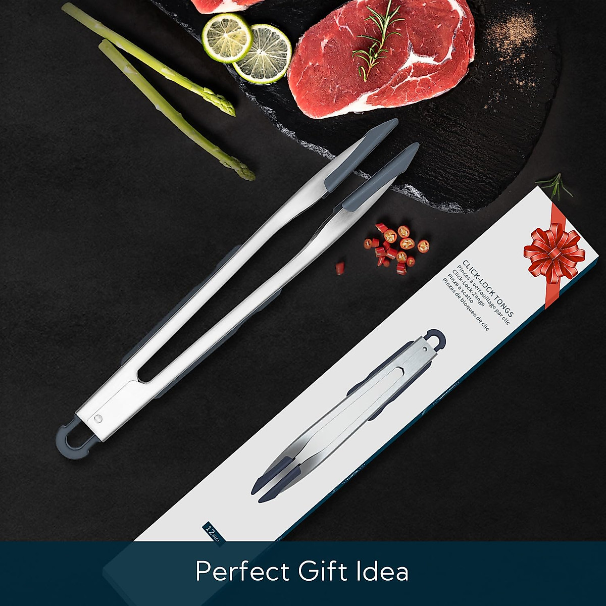 KITCHENDAO Tongs for Cooking with Silicone Tips 12 Inch, One-handed for Convenience, Soft-touch Handle, Silicone Tipped Stainless Steel Kitchen Food Grill BBQ Tongs for Non-stick Cookware Air Fryer