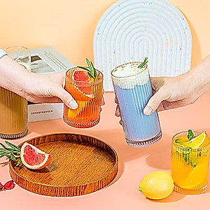 Combler Glass Cups with Straws, Drinking Glasses 12.5oz, Ribbed Glassware Set of 4, Iced Coffee Cup, Coffee Bar Accessories, Vintage Glassware Sets for Beer Smoothie Whiskey Cocktail Glasses, Gifts