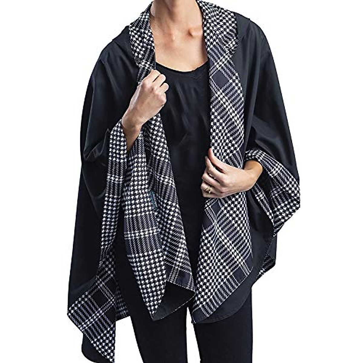 RainCaper Womens Rain Cape Poncho Coat Jacket with Hood Reversible Gorgeous Ultrasoft (Choose your Color) (Black & B&W Houndstooth Plaid)
