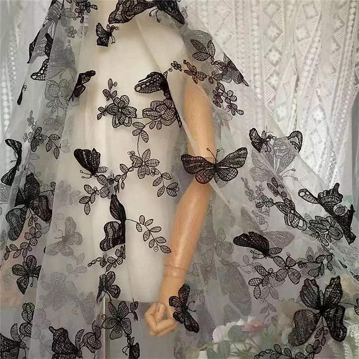 51" Width 3D Vivid Butterfly Lace Fabric Exquisite Flower Embroidery Soft Tulle Lace Fabric for Wedding Bridal Lace Dress Party Dress Home Decor (3 Yard, Apricot Mesh+Black Butterfly)