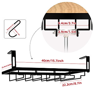 BUDO Wine Glass Rack Under Cabinet, 4 Rows Nail Free Wine Glass Holder Under Shelf, Adjustable Stemware Storage Drying Hanger Organizer for Kitchen Cabinet Bar (Black)