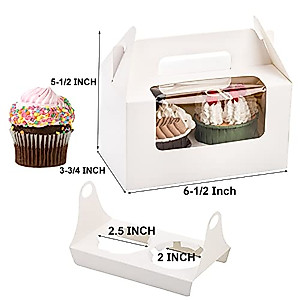 Jucoan 60 Pack White Cupcake Boxes with Insert, Handle and Window Hold 2 Standard Cupcakes, Kraft Paper Cupcake Container, Portable Cupcake Holder, Bakery Pastry Container for Cupcake, Muffins