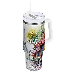 ODAWA Eiffel Tower Florist Cafe 30 Oz Travel Tumbler with Lid and Straw Travel Coffee Mug