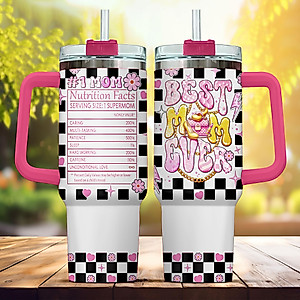 99WHALE Best Mom Ever Gifts, Mom Fashion Checked Nutrition Facts, Tumbler 40 Oz With Handle Lid And Straw, Steel Cups Green Parade Camelia Print Stainless Simple Red Rose Gold Water