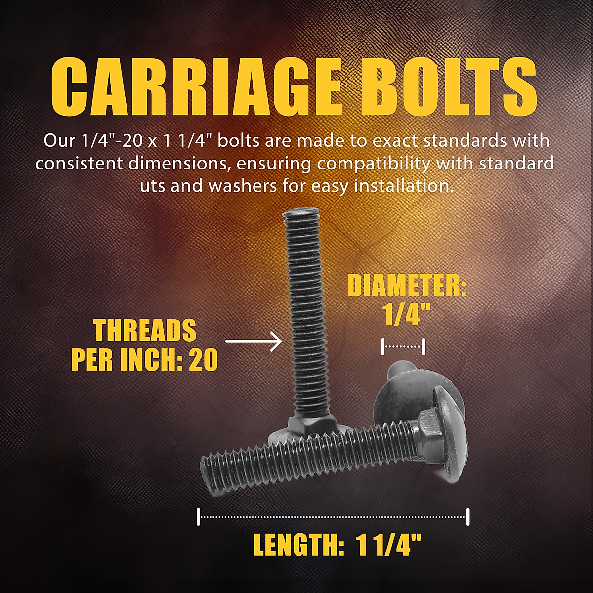 1/4"-20 x 1 1/4" (FT) Coarse Thread Grade 5 Carriage Bolts Medium Carbon Steel Black Oxide - Pack of 100