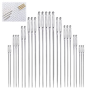 Large Eye Sewing Needles, Embroidery Needles, Stainless Steel, 25 Pieces Sharp Needles with Wooden Needle Case Carving Pattern