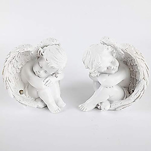 JUNIQUTE Sleepy Time Little Angel with Light Cupid Garden Statue Home Decor Cherub Statue Baby Sculpture Figurine Set of 2