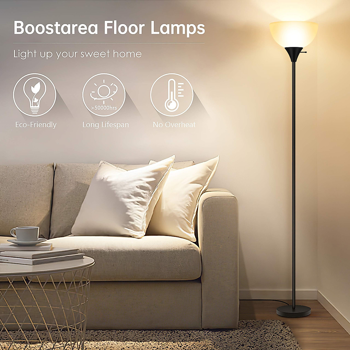 BoostArea Floor Lamp, Standing Lamp, 9W LED Floor Lamp, Energy Saving, 50,000hrs Long Lifespan, 3000K Warm White, Eye-Caring, Torchiere Floor Lamps for Bedroom, Living Room, Office, Reading, Black