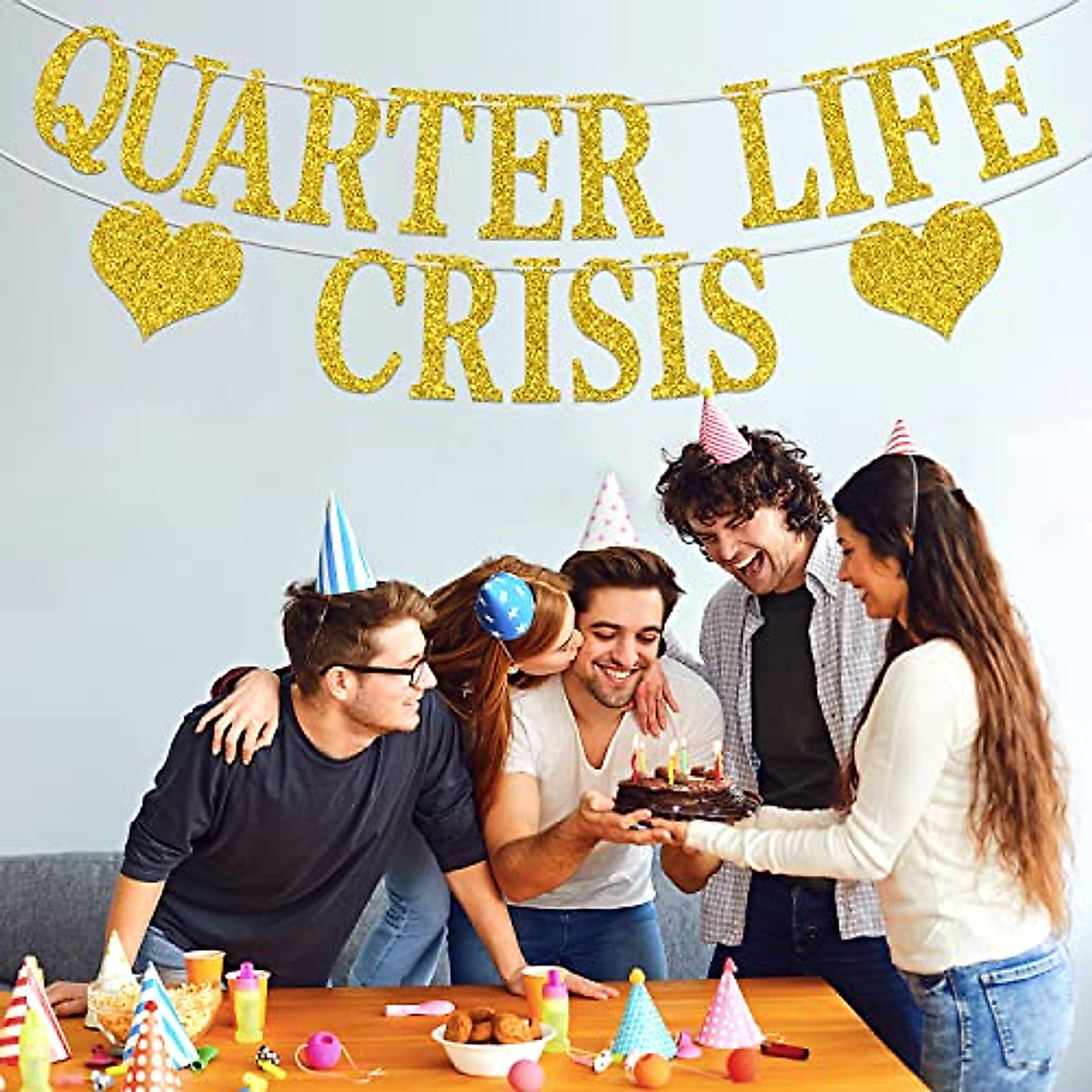 Quarter Life Crisis Banner, Fun Birthday Bunting Sign, Happy 25th/30th Birthday Party Decoration Supplies, Birthday Party Backdrop, Gold Glitter