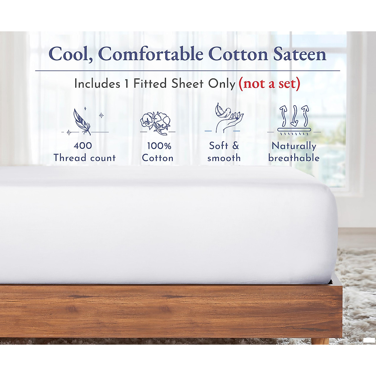 California Design Den White Twin XL Fitted Sheet, 100% Cotton 400 Thread Count Sateen, 1 Fitted Sheet Only for Home, Fits College Dorm Mattresses (Twin XL, White)