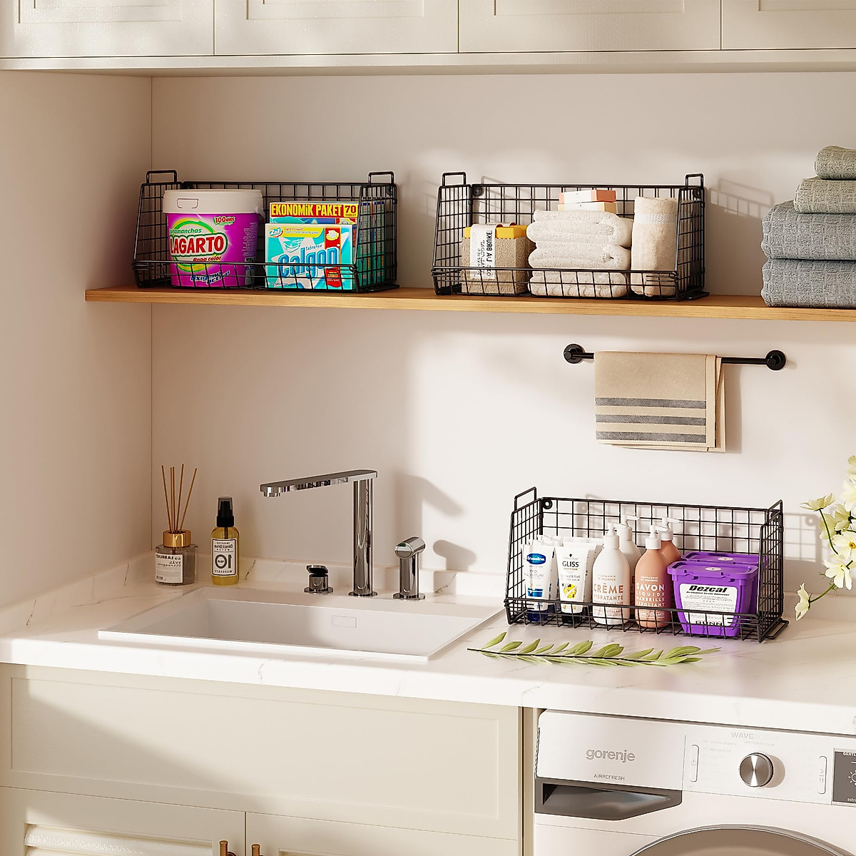 X-cosrack Stackable Pantry Baskets Household Food Storage Organizer with Handles 3 Pack-15.7 Wide, Foldable Snack Rack Stand with Open Front Stacking Farmhouse Bins for Countertop Cabinets Kitchen