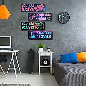 YLOLUL 4 Pieces Video Gaming Decor for Boys Room Wooden Video Game Wall Art Print 11.8 x 3 Inch Motivational Quote Gamer Hanging Plaques Wall Decor for Boys Kids Room Bedroom Playroom Decorations