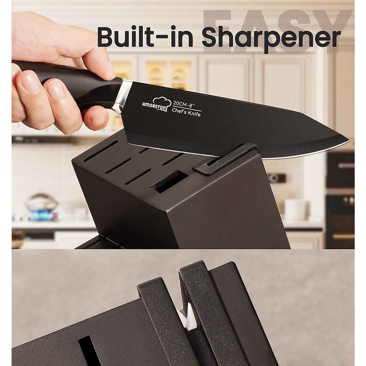 Knife Set, 15 Pieces Kitchen Knife Set with Built in Sharpener, German High Carbon Stainless Steel Knife Block Set, Dishwasher Safe, Black