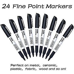 Permanent Markers,Shuttle Art 24 Pack Black Permanent Marker set,Fine Point, Works on Plastic,Wood,Stone,Metal and Glass for Doodling, Marking