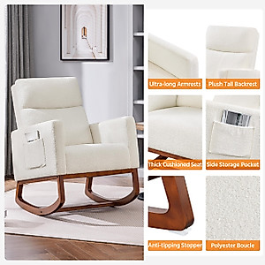 Yaheetech Boucle Living Room Chair, Modern Upholstered Rocking Accent Chair, Glider Chair Nursery Chair with Side Pocket and High Back Armchair for Living Room Bedroom Lounge, Ivory