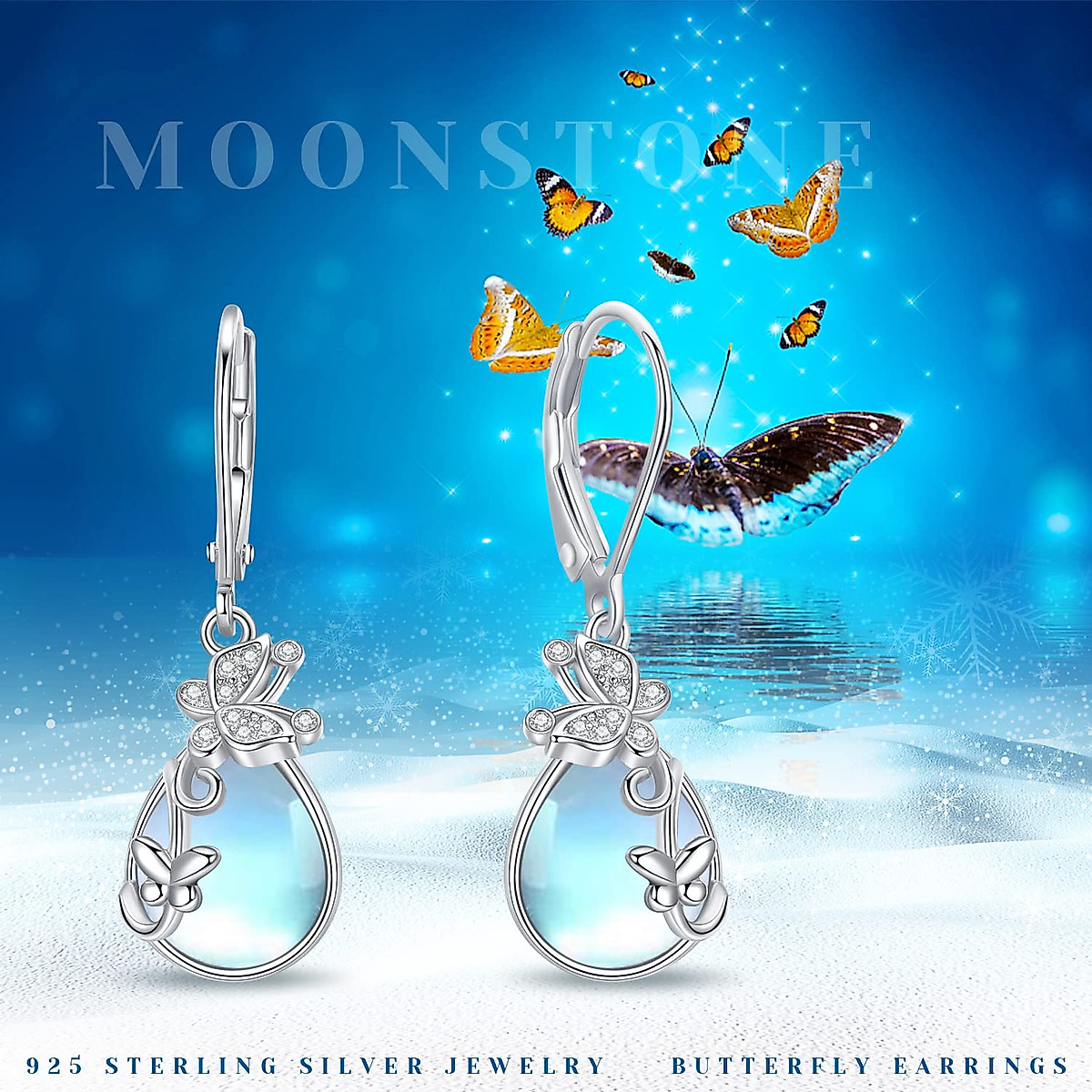 Butterfly Earrings 925 Sterling Silver Butterfly Dangle Drop Earrings with Moonstone Butterfly Leverback Jewelry Gifts for Women Girlfriends