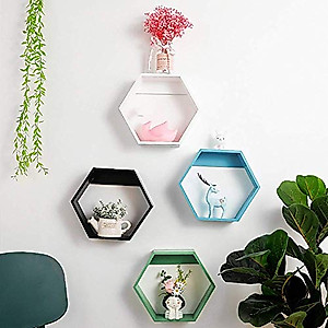 PIBM Stylish Simplicity Shelf Wall Mounted Floating Rack Shelves Wooden Lattice Simple Hexagon Collection Display Stand Storage Bedroom Living Room,5 Colors, Blue , 30x8x26cm