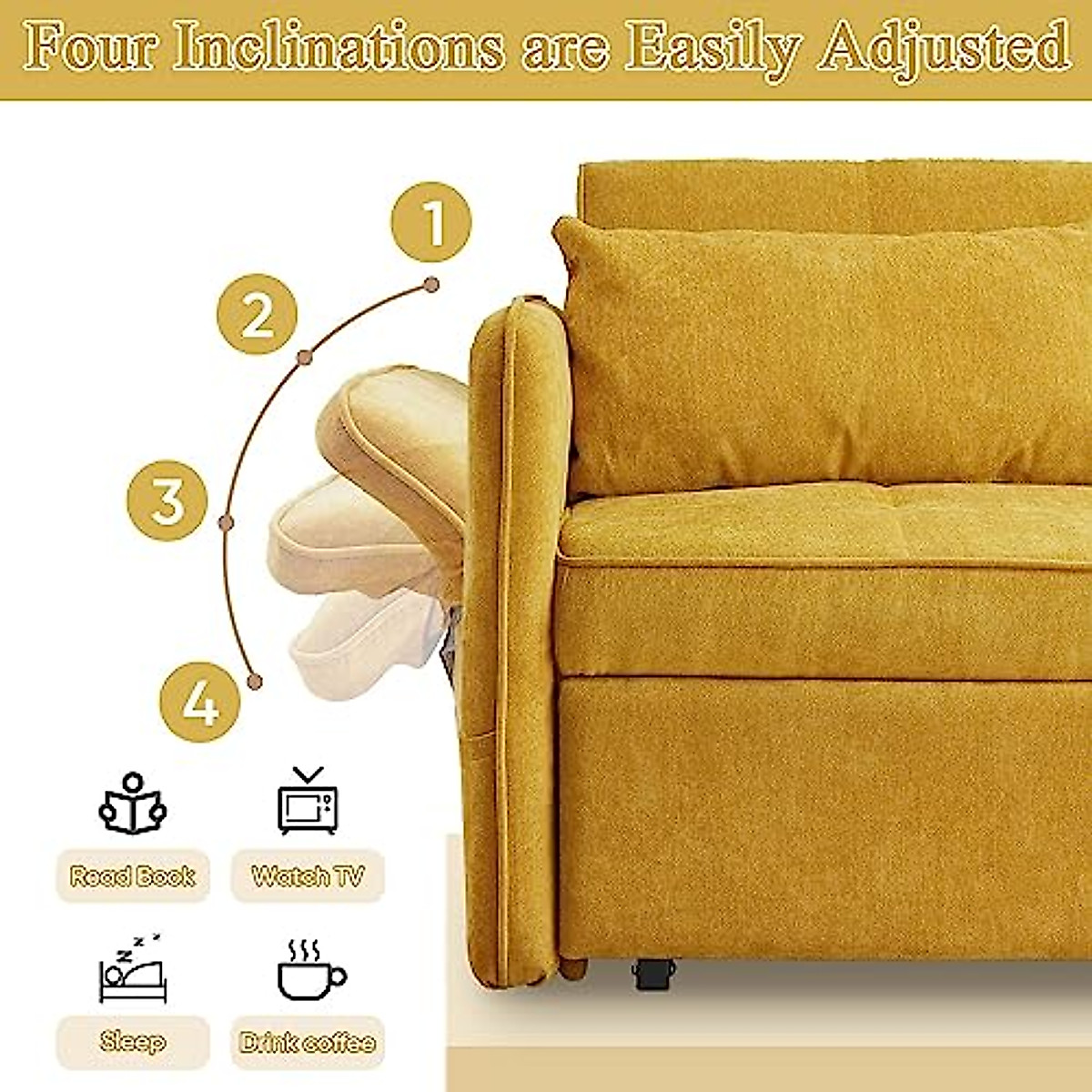 Antetek 3 in 1 Convertible Sleeper Sofa Bed, Modern Chenille Loveseat Futon Sofa Couch w/Pullout Bed, Reclining Backrest, Adjustable Arm, Pillows, Small Love Seat Lounge Sofa for Living Room, Yellow