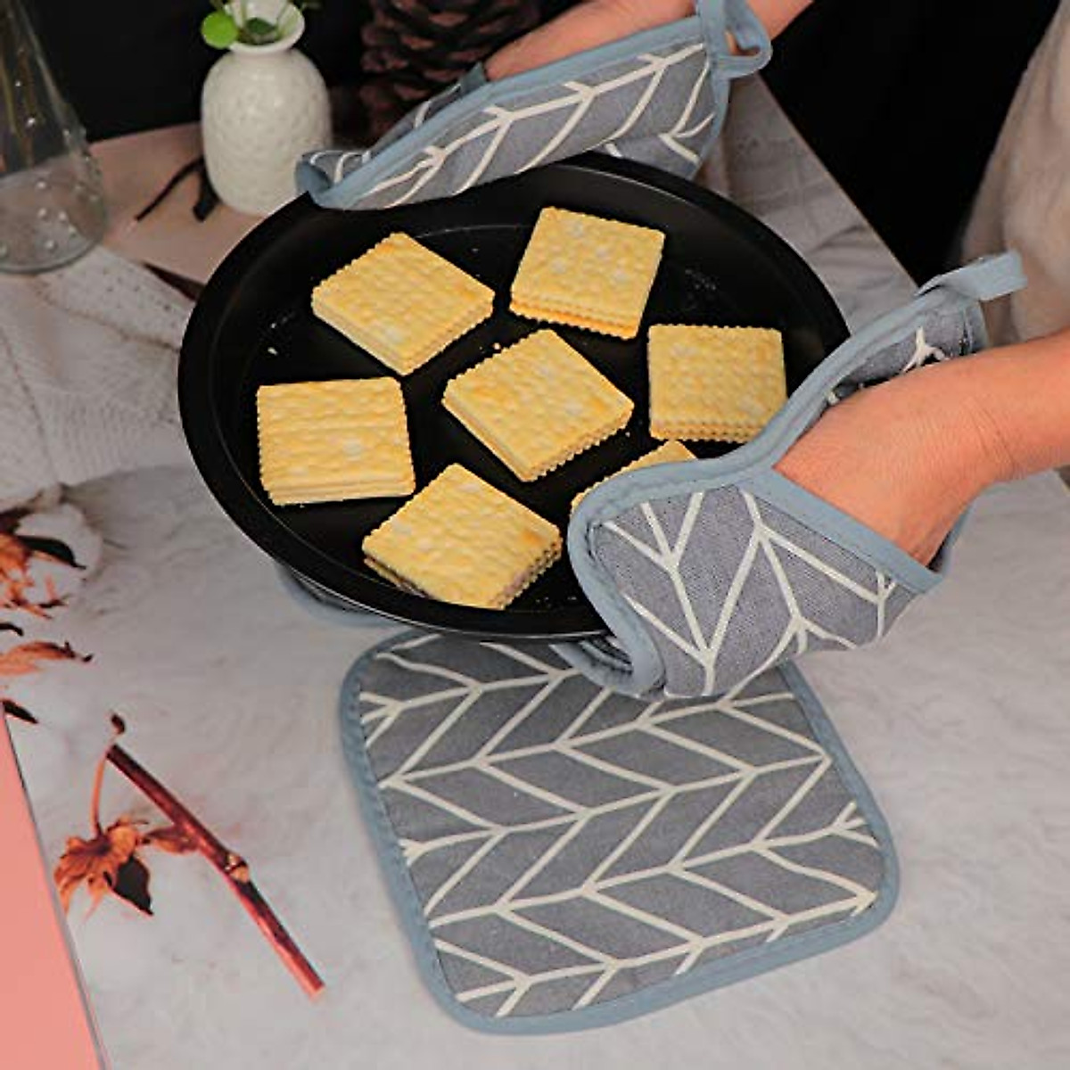 Win Change Heat Resistant Potholders Hot Pads-6 Kitchen Pot Holders Set with 2 Pan Hot Handle Holders Trivet for Cooking and Baking,with Recycled Infill Terrycloth Lining(Grey,8 Piece)