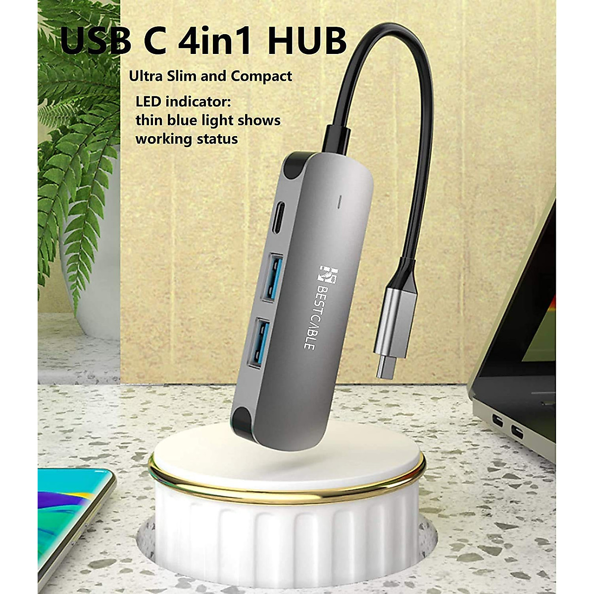 USB C Hub, BEST CABLE 4-in-1 USB C Hub Adapter - USB C to HDMI 4K@30Hz,USB C Charging Port,USB3.0, USB 2.0, Compatible with MacBook Pro/Air, Pro,Galaxy,Pixelbook and More USB C 3.1 Devices